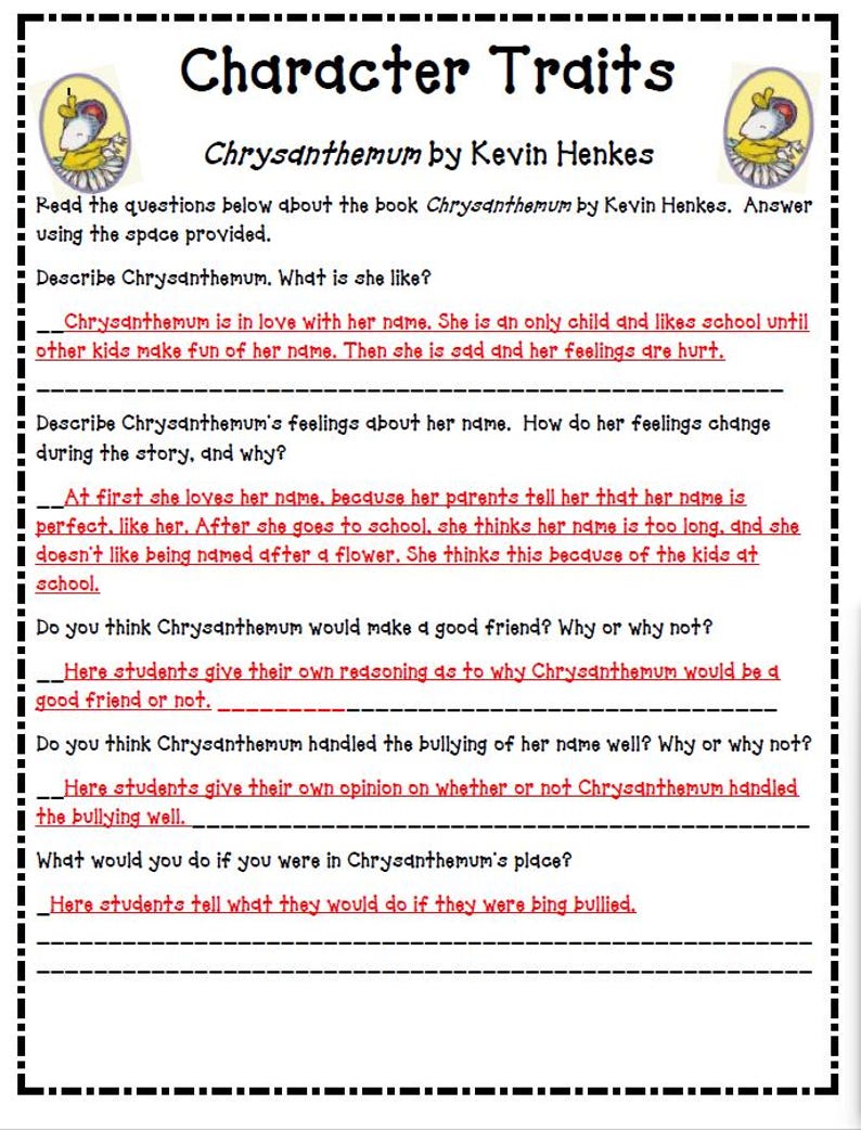 Chrysanthemum Character Traits Worksheet - Etsy