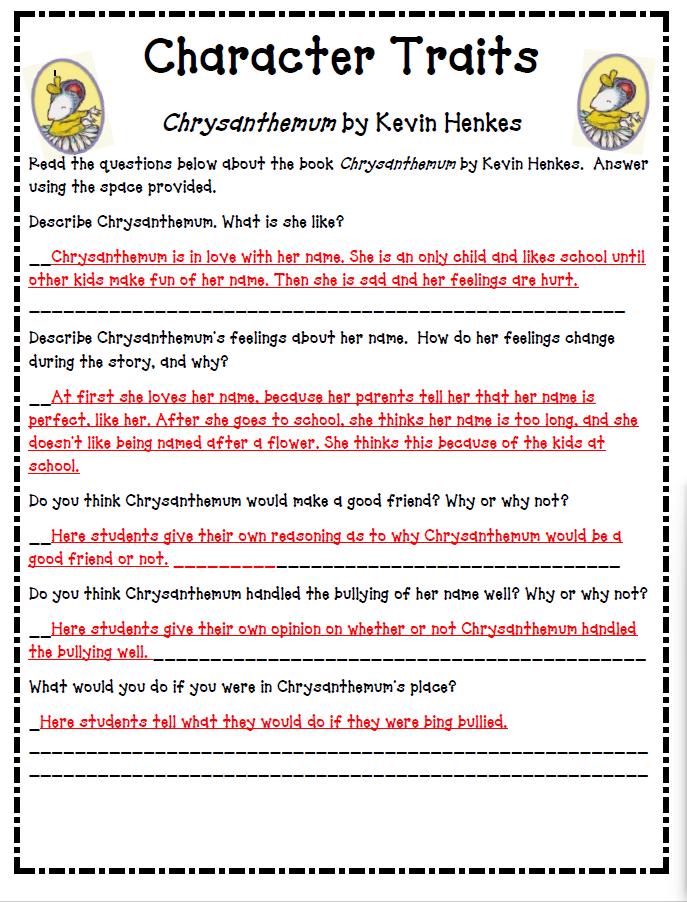 Chrysanthemum Character Traits Worksheet - Etsy