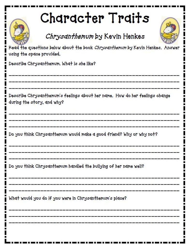 Chrysanthemum Character Traits Worksheet - Etsy
