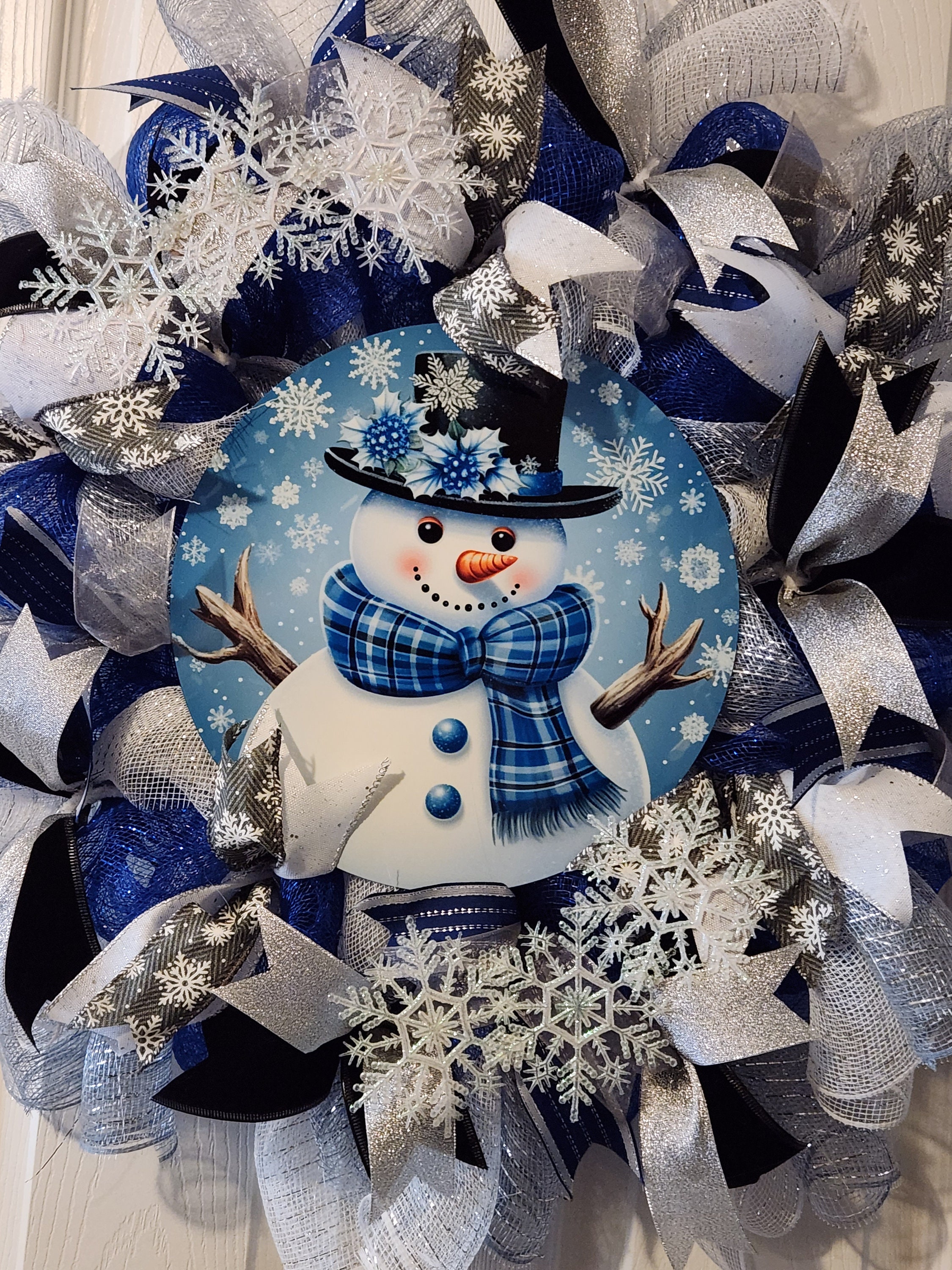 Blue Deco Mesh Snowman With White Snowflakes. Blue,gray,white,and ...