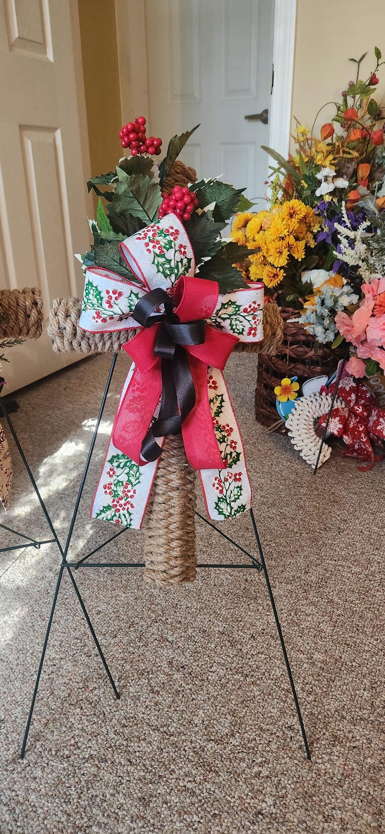 Rope Graveside Cross With Ribbon & Flowers - Memorial Decoration With ...