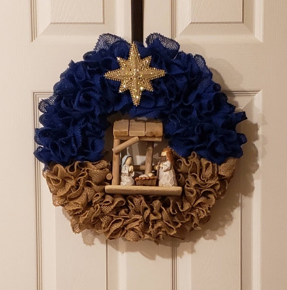 Christmas Lighted Wood Nativity Blue and Tan Burlap Wreath - Etsy
