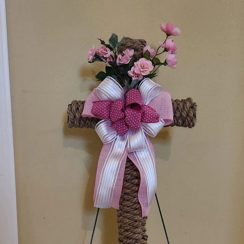 Rope Graveside Cross With Ribbon & Flowers - Memorial Decoration With ...