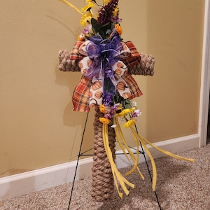 Rope Graveside Cross With Ribbon & Flowers - Memorial Decoration With ...