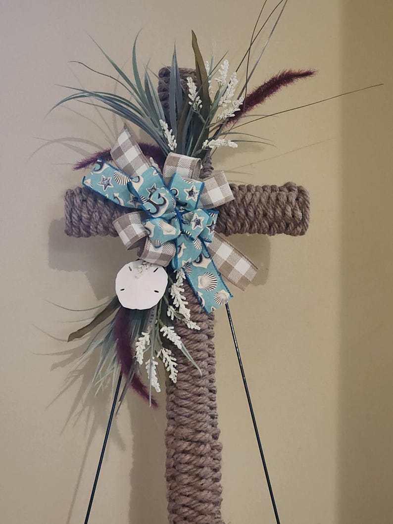 Rope Graveside Cross With Ribbon & Flowers - Memorial Decoration With ...