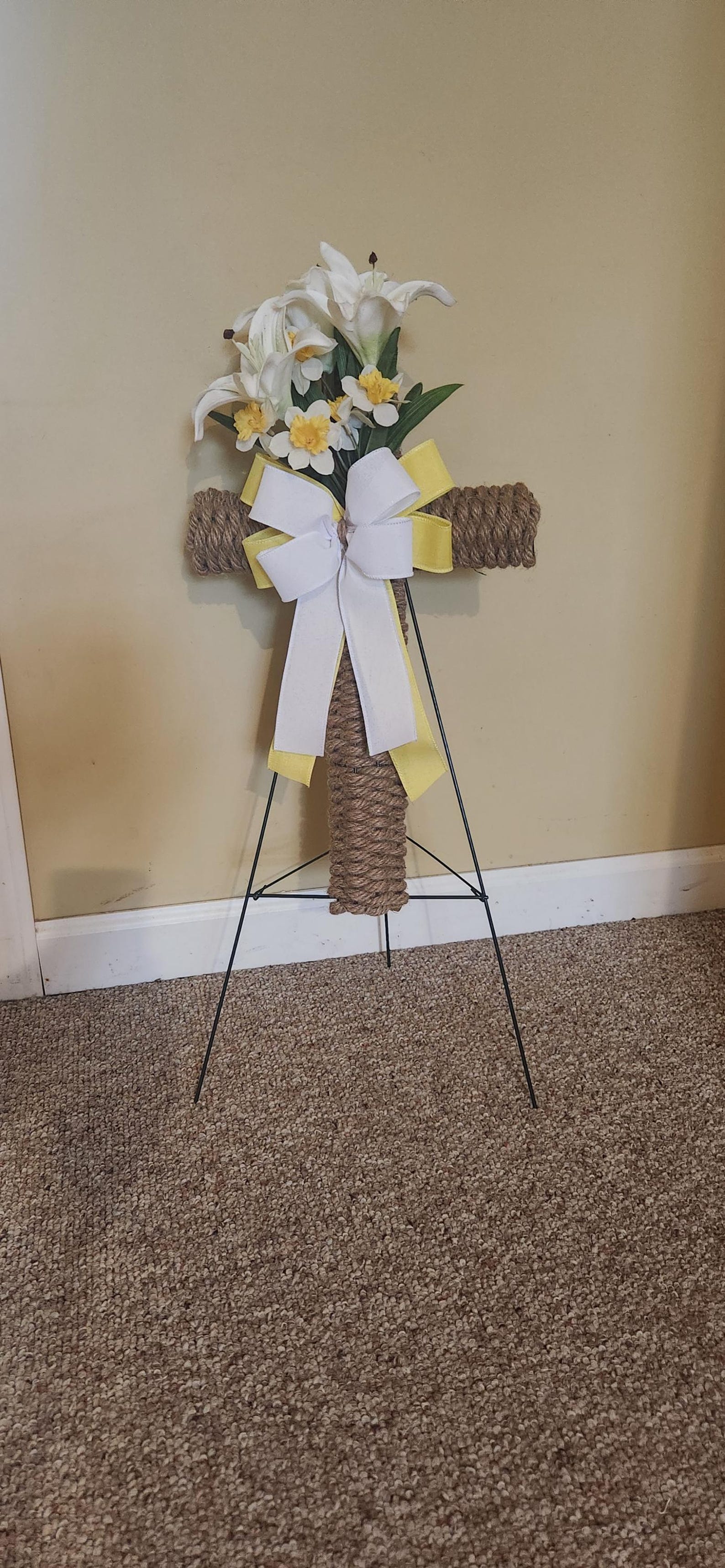 Rope Graveside Cross With Ribbon & Flowers - Memorial Decoration With ...