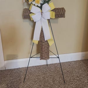 Rope Graveside Cross With Ribbon & Flowers - Memorial Decoration With ...