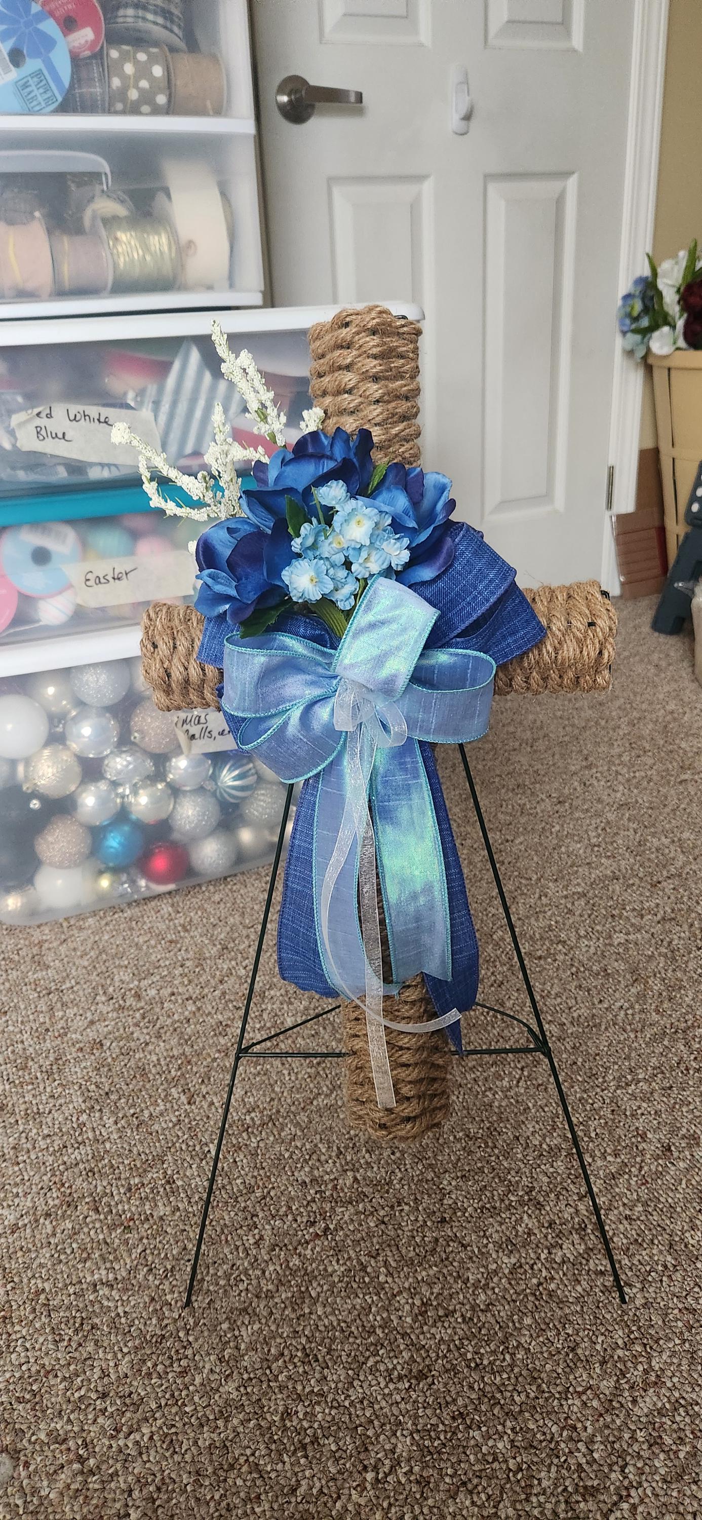 Rope Graveside Cross With Ribbon & Flowers - Memorial Decoration With ...