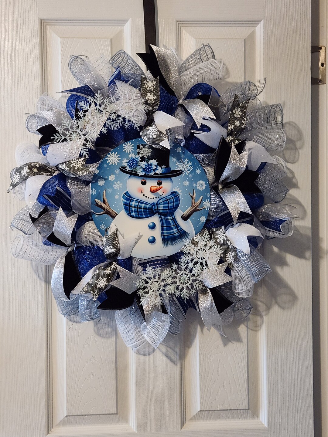 Blue Deco Mesh Snowman With White Snowflakes. Blue,gray,white,and ...