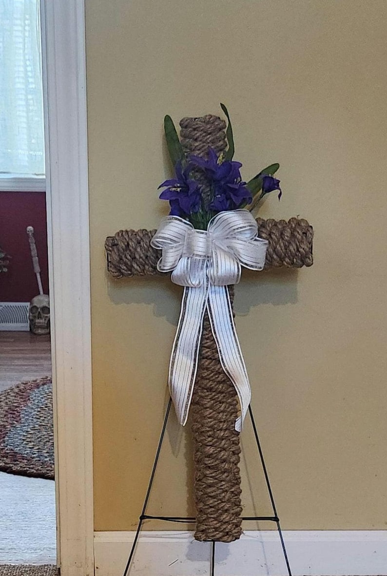 Rope Graveside Cross With Ribbon & Flowers - Memorial Decoration With ...