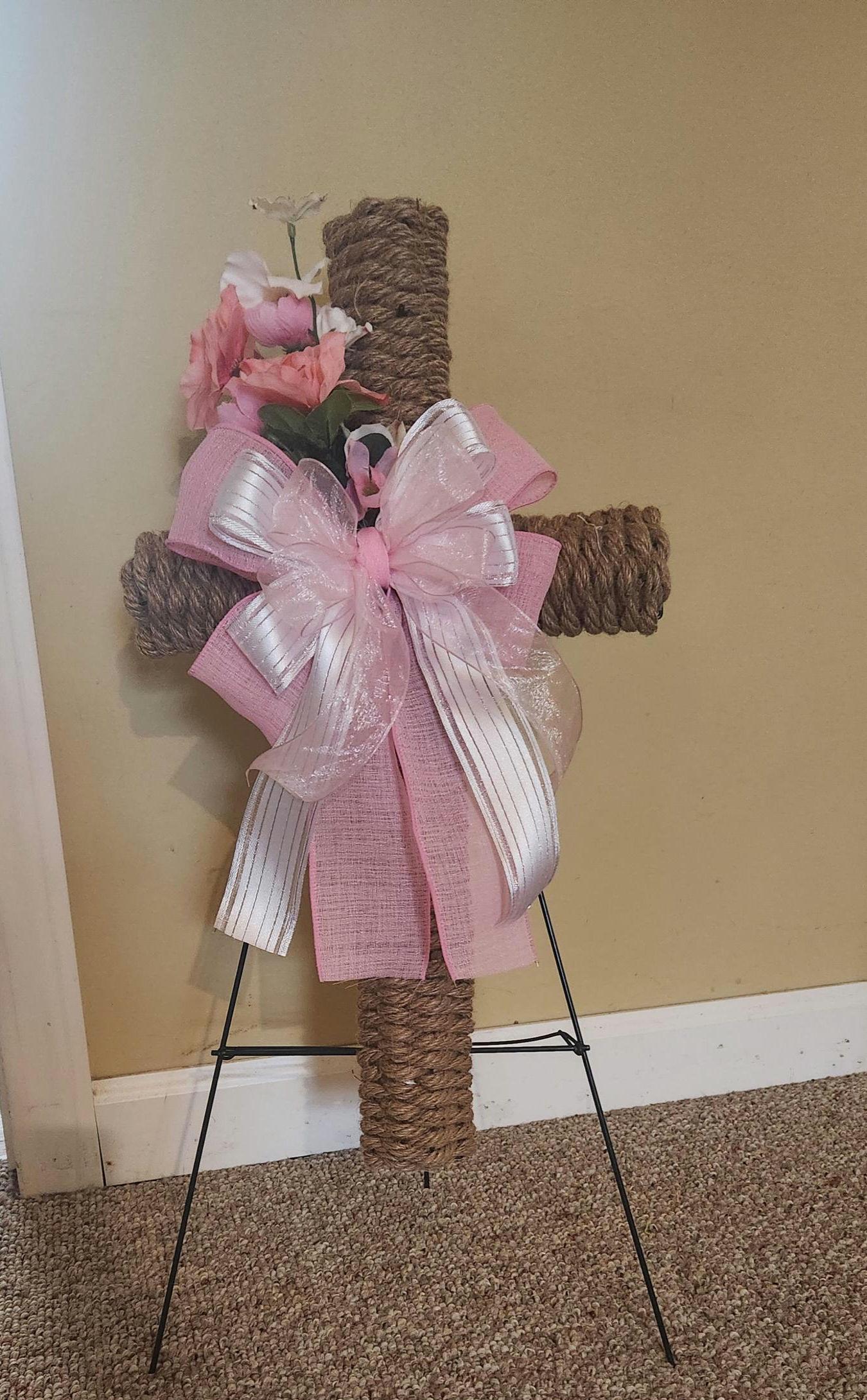 Rope Graveside Cross With Ribbon & Flowers - Memorial Decoration With ...