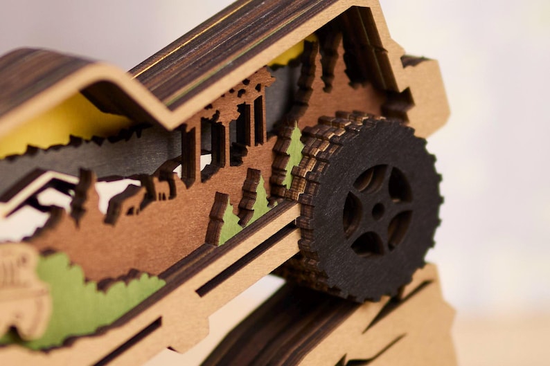 Handcrafted Wooden Off-road Jeep Art (7.5" X 5"): Rustic Mountain Scene ...