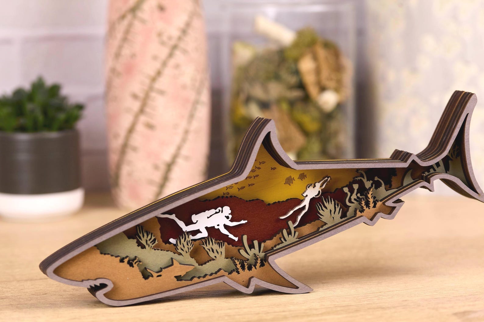 Handcrafted Wooden Shark Wall Art With Scuba Divers, 11in X 4.5in, Made ...