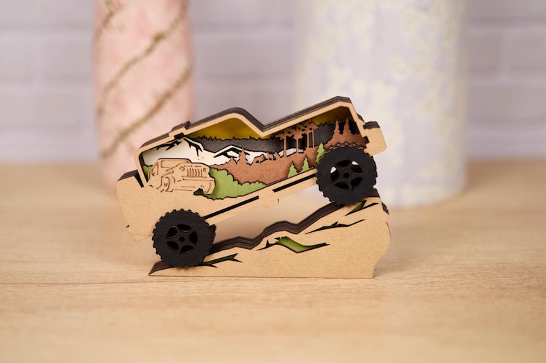 Handcrafted Wooden Off-road Jeep Art (7.5" X 5"): Rustic Mountain Scene ...