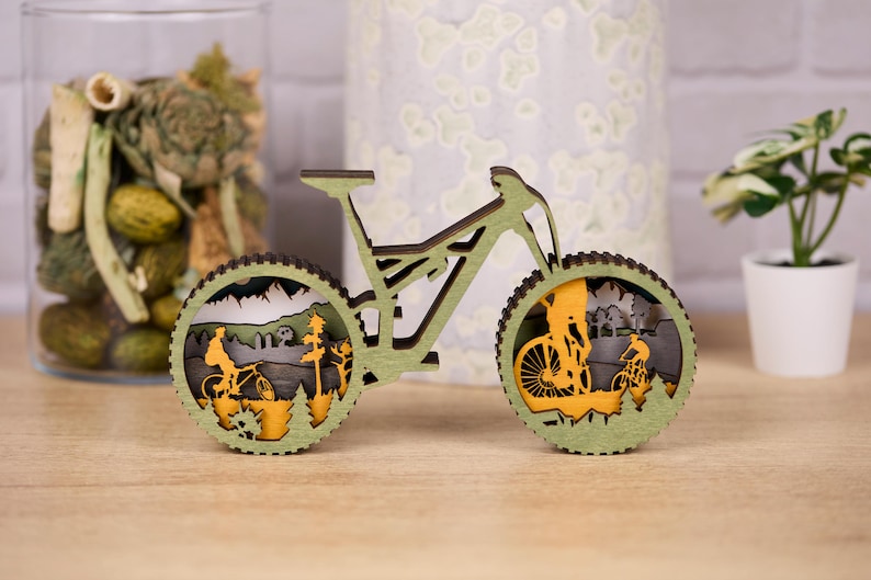 Handcrafted Wooden Mountain Bike Sculpture (9"x5"): Layered Cycling Art ...