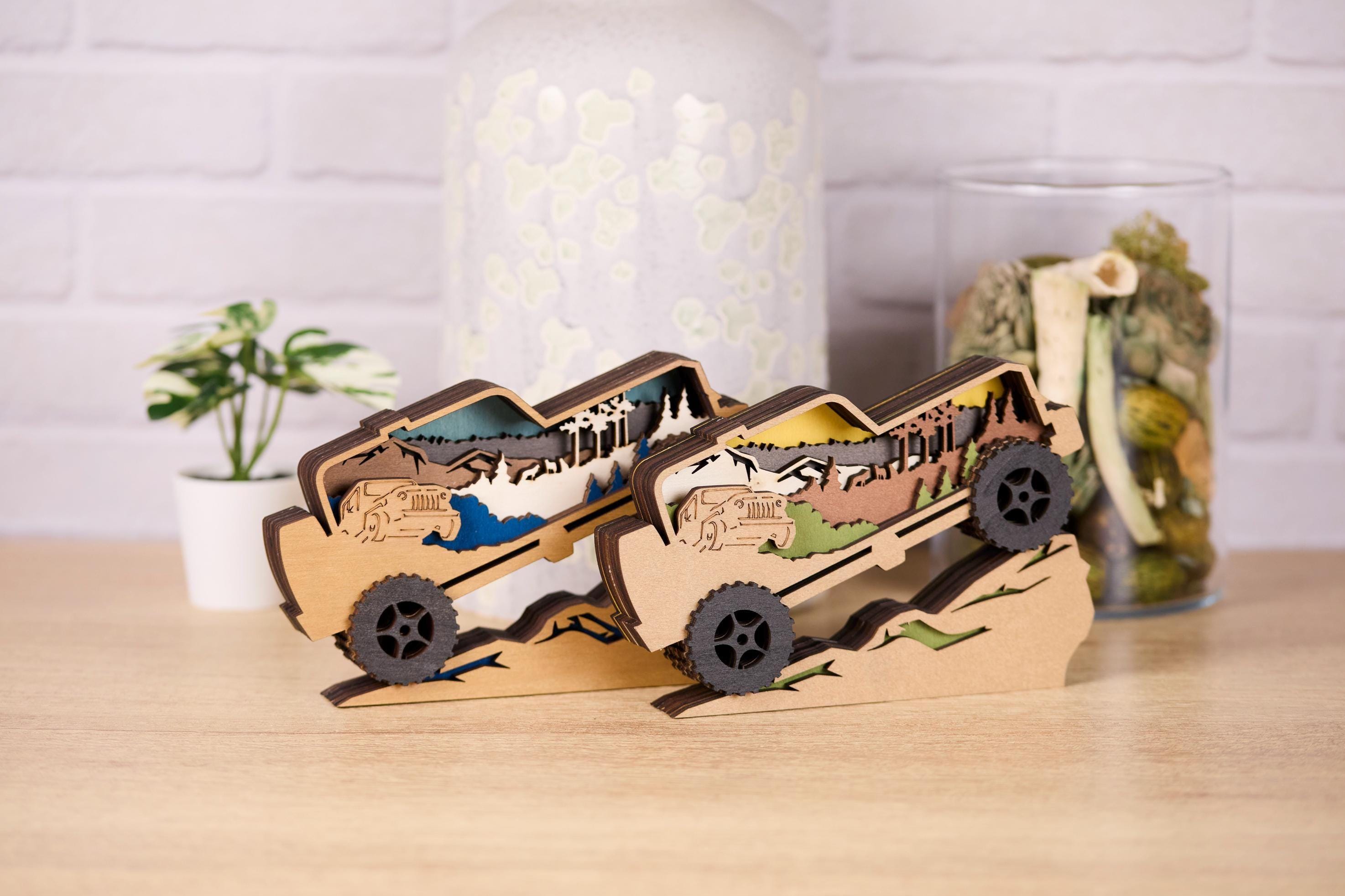 Handcrafted Wooden Off-road Jeep Art (7.5" X 5"): Rustic Mountain Scene ...