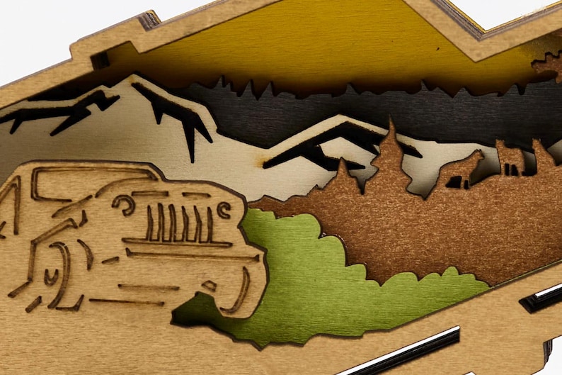Handcrafted Wooden Off-road Jeep Art (7.5" X 5"): Rustic Mountain Scene ...