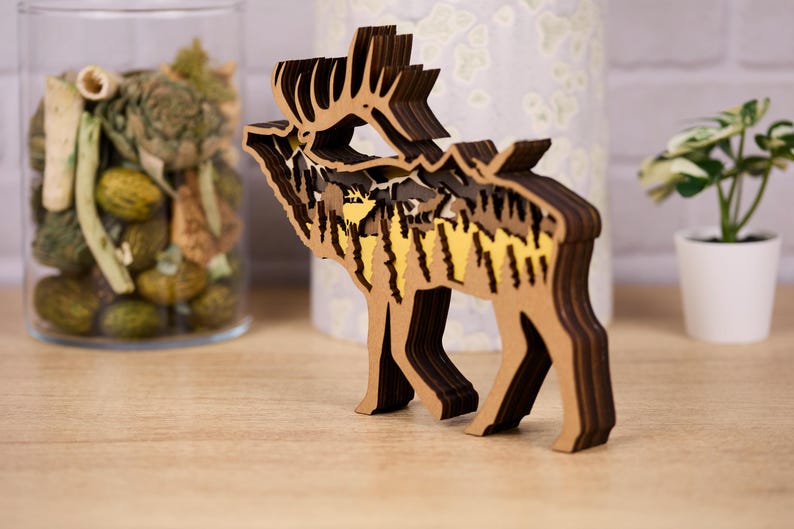 3D Wooden Elk Decor (8.25"x7"): Layered Mountain Scene, Rustic Cabin ...