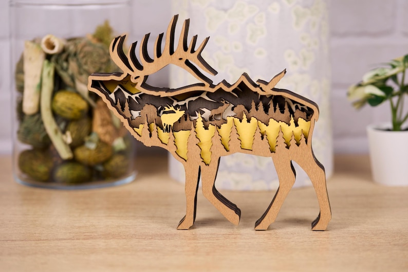 3D Wooden Elk Decor (8.25"x7"): Layered Mountain Scene, Rustic Cabin ...