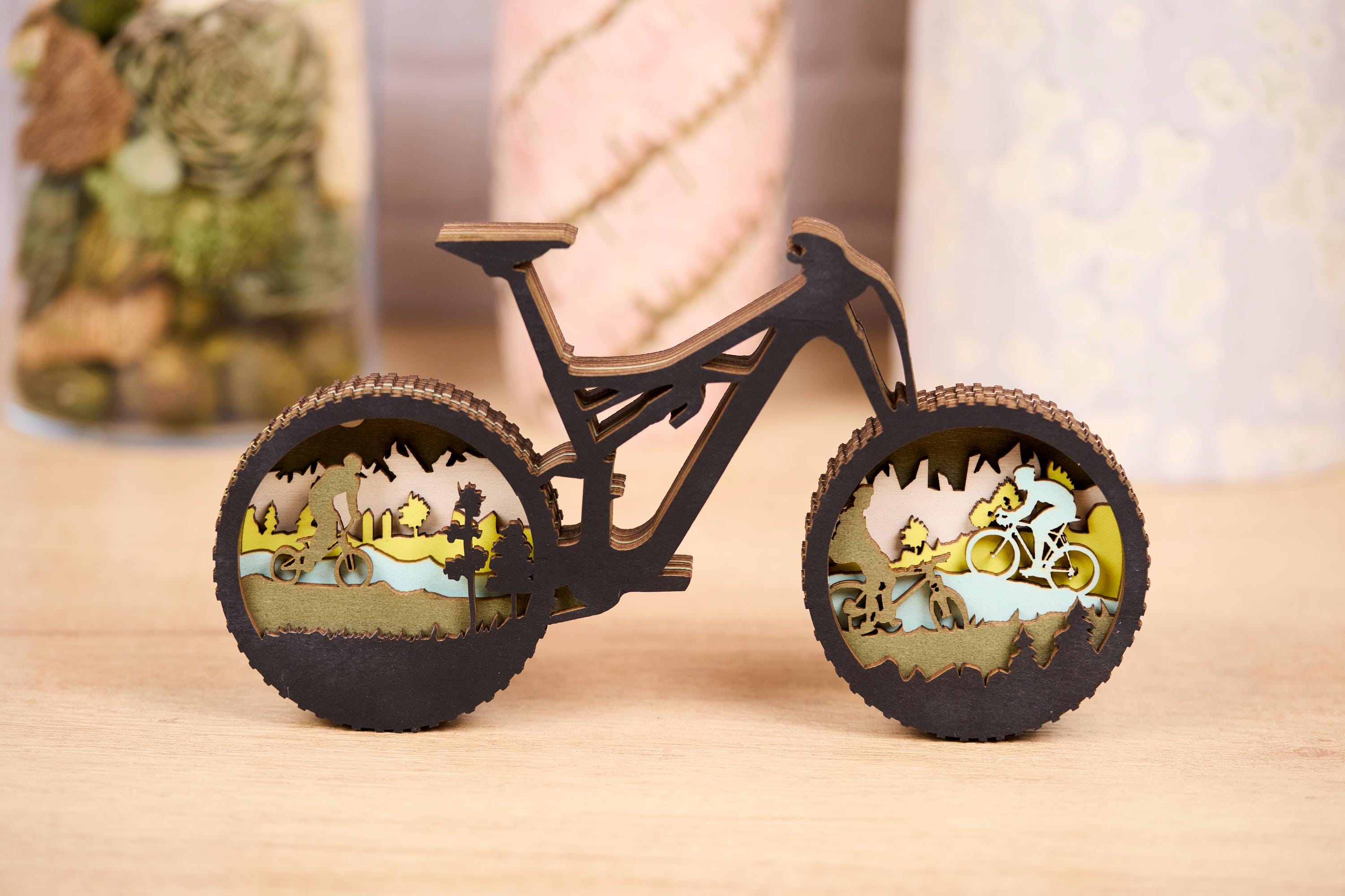 Handcrafted Wooden Mountain Bike Sculpture (9"x5"): Layered Cycling Art ...