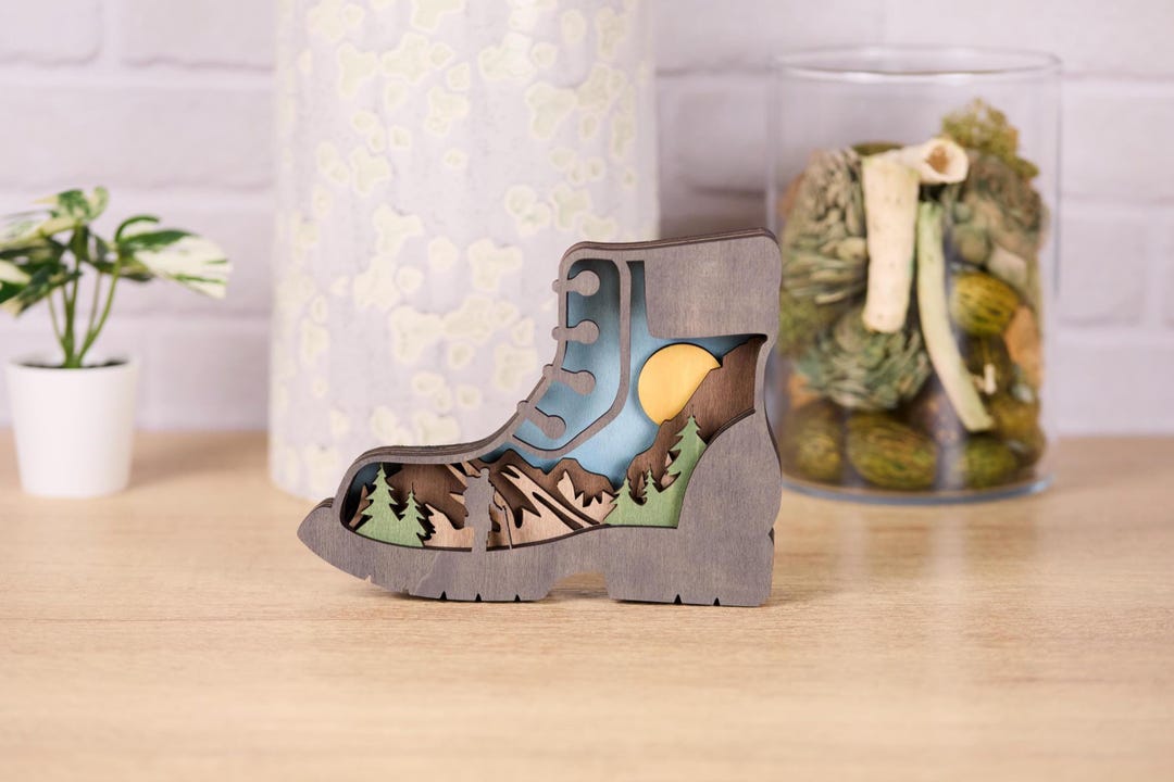 3D Layered Wood Hiking Boot Art: Rustic Mountain Scene Decor - Etsy
