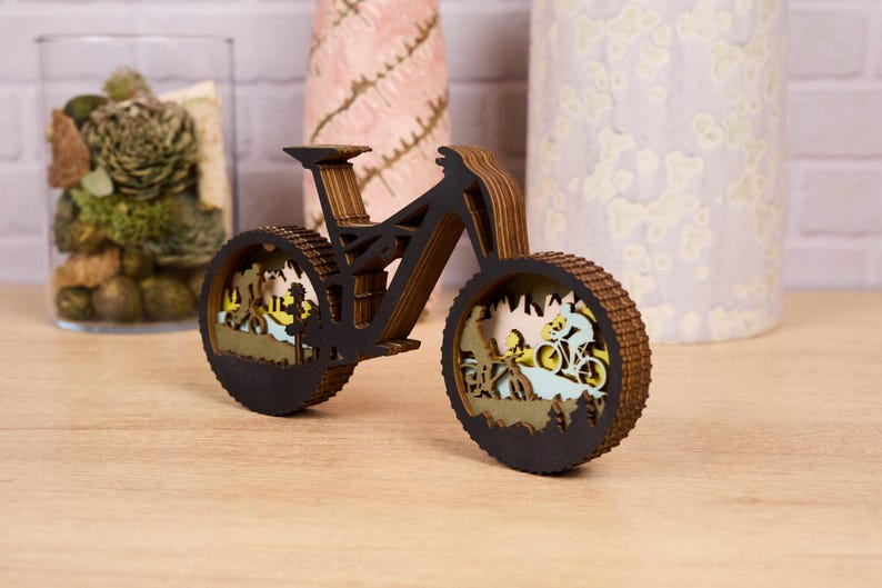 Handcrafted Wooden Mountain Bike Sculpture (9"x5"): Layered Cycling Art ...