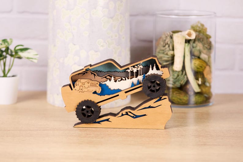 Handcrafted Wooden Off-road Jeep Art (7.5" X 5"): Rustic Mountain Scene ...