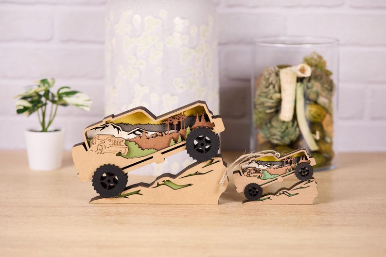 Handcrafted Wooden Off-road Jeep Art (7.5" X 5"): Rustic Mountain Scene ...