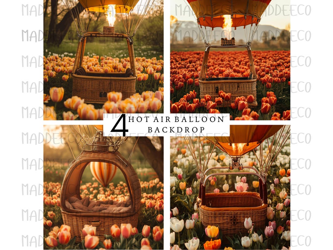 Hot Air Balloon Digital Backdrop, Spring Background, Tulips Backdrop ...
