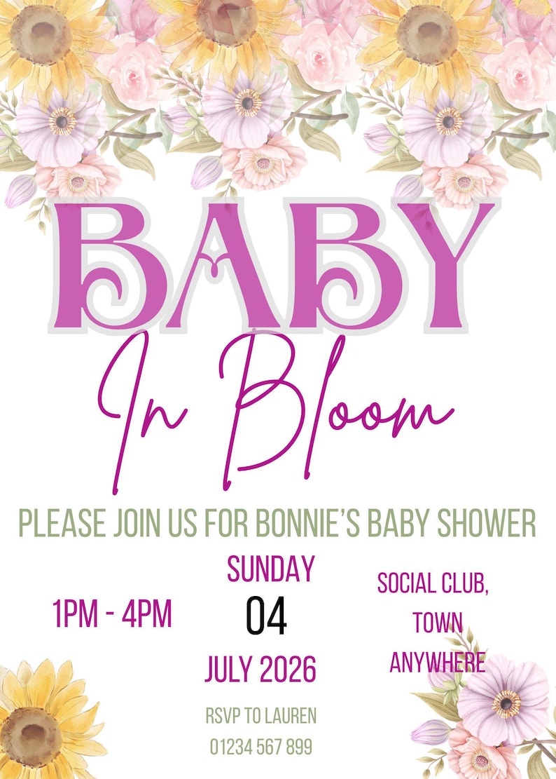 Editable Template for Baby Shower Invite - Baby in Bloom. Baby Shower ...