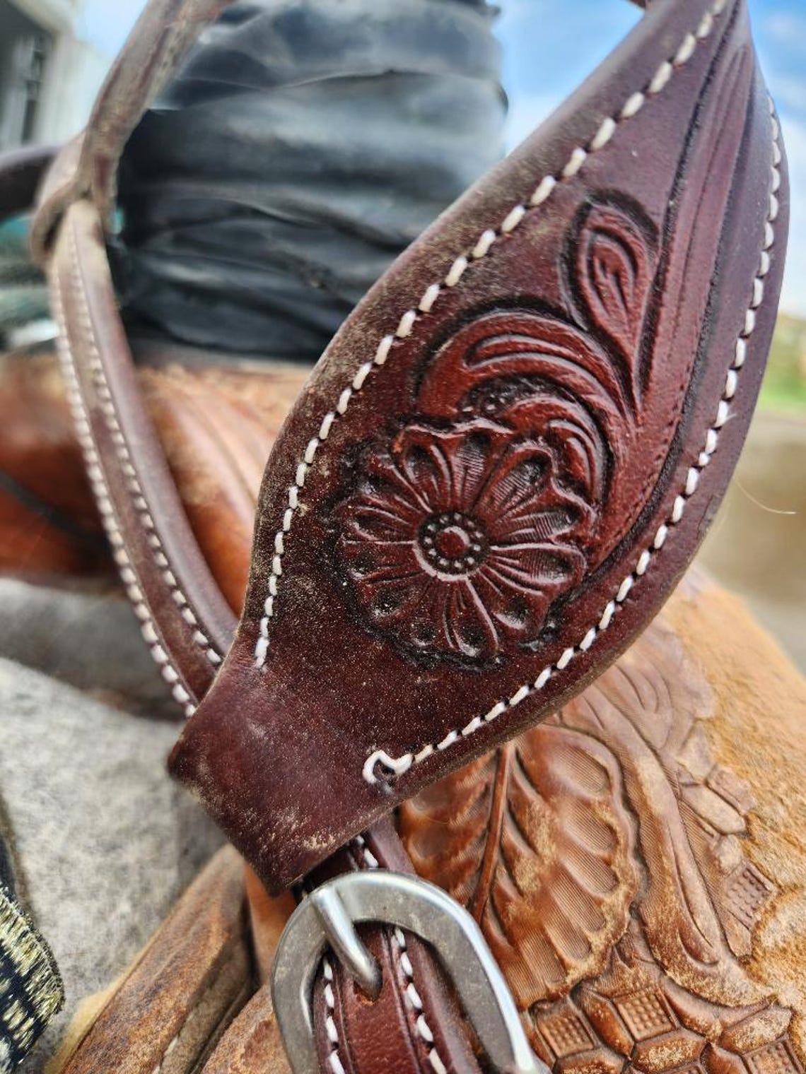 Antique Leather With Tooling One Ear Headstall Western Headstall ...