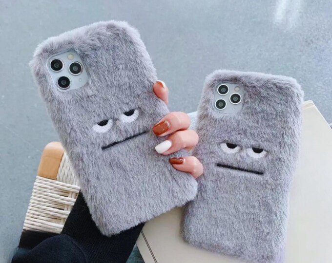 Fluffy Grumpy Face Faux Fur Phone Case - Soft Plush Protective Cover ...