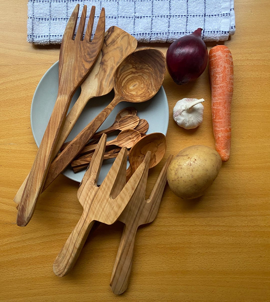 Olive Wood Rustic Set Salad Server Tea Spoon Kitchen Accessories ...