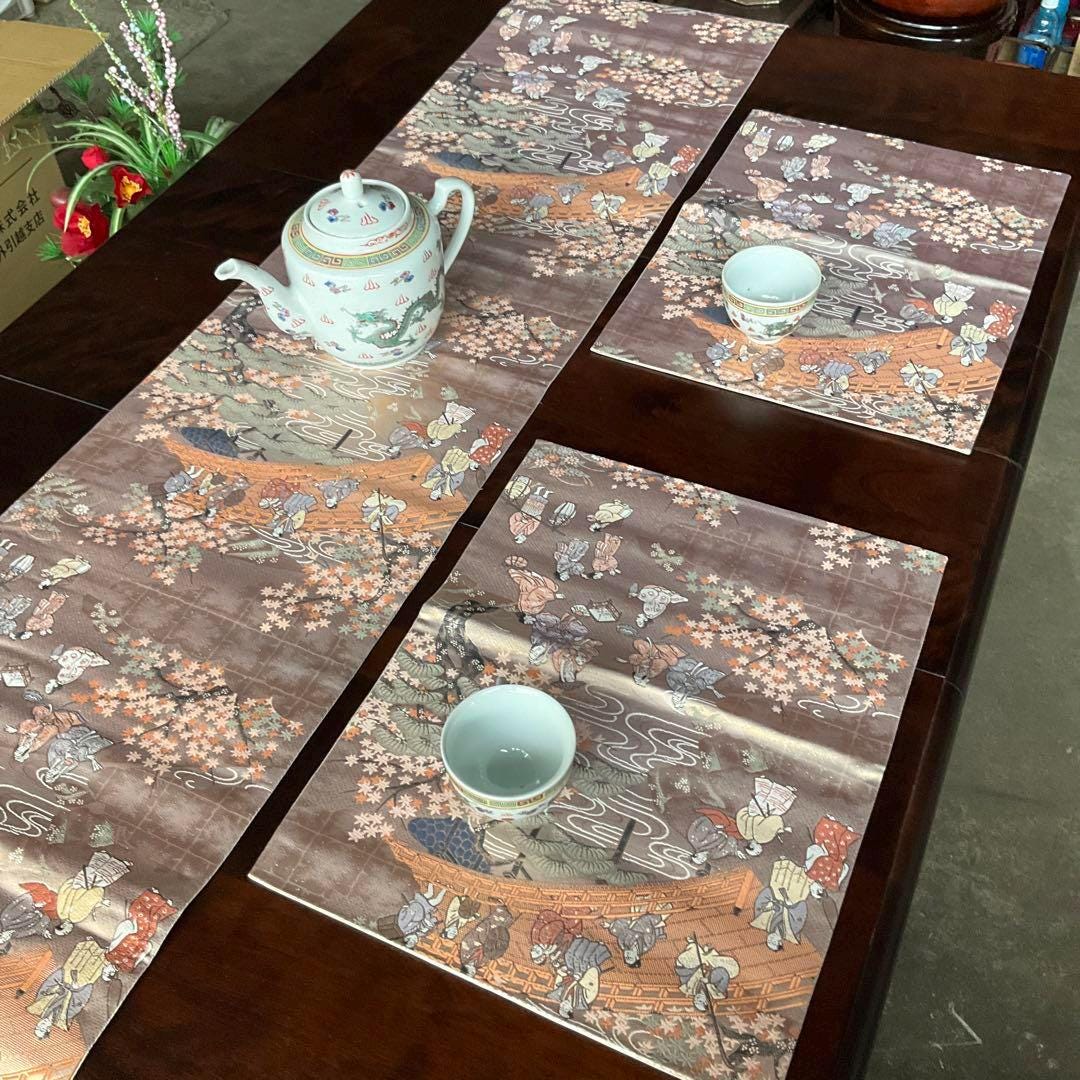Japanese Obi Table Runner & Placemat Set – 3-piece Pink Gold Upcycled ...