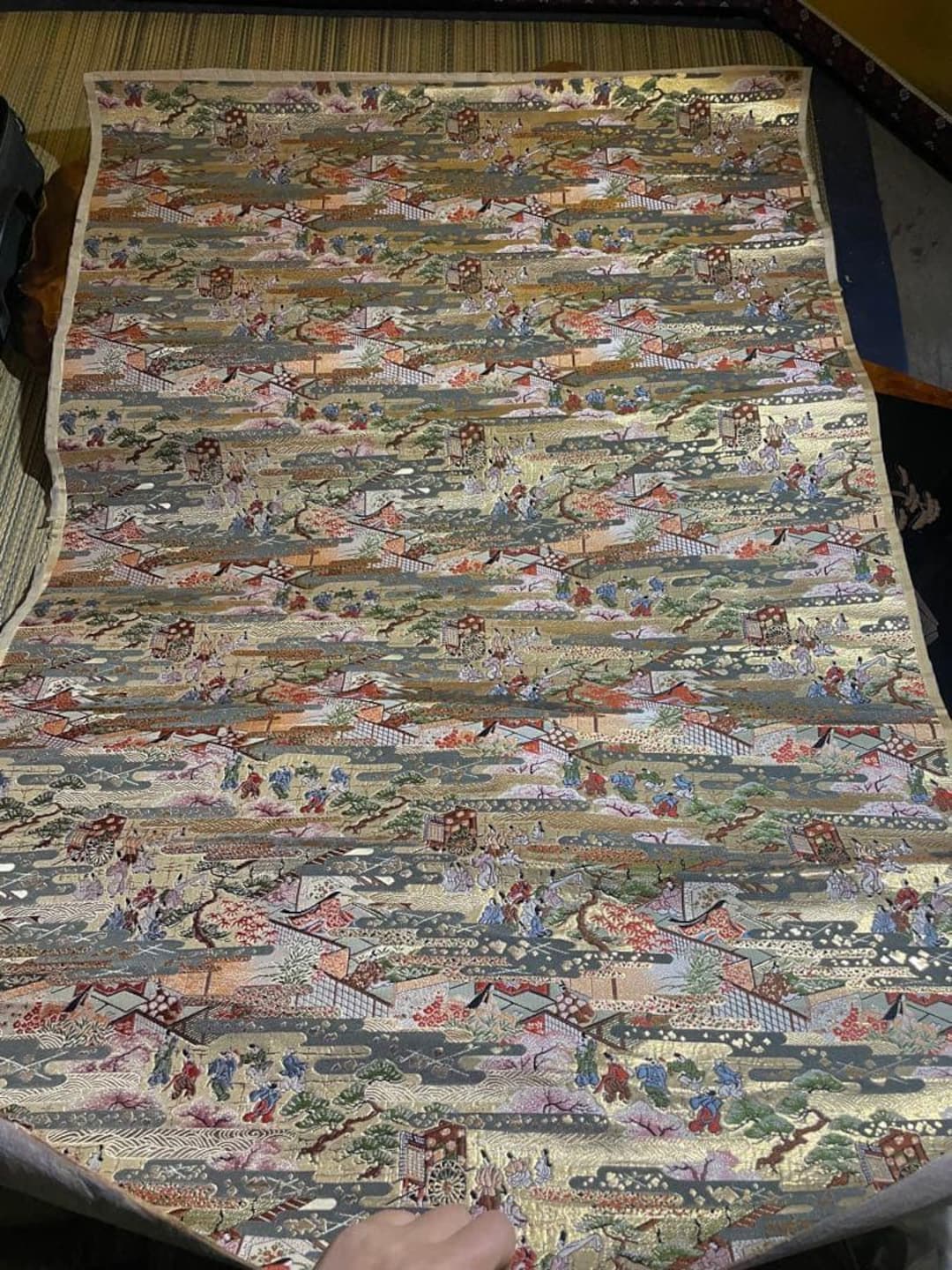 Rare Japanese Kinran Brocade Fabric Heian Genji Monogatari Backed ...
