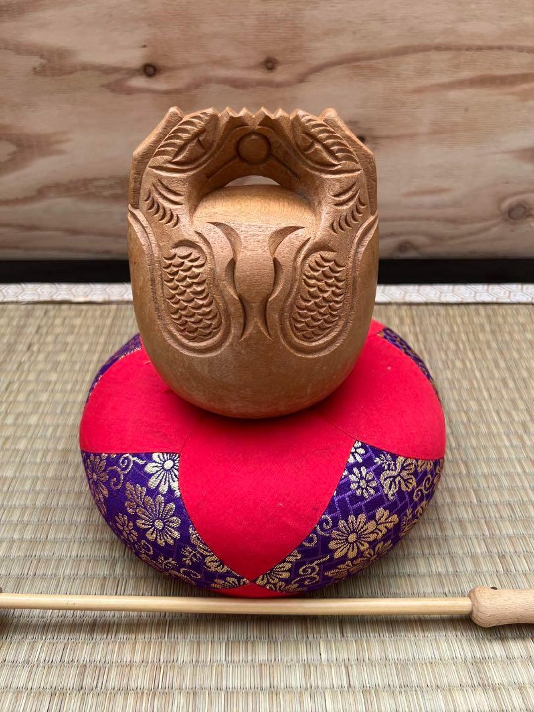 Hand-carved Wooden Mokugyo Fish Gong With Dragon Design, Japanese ...