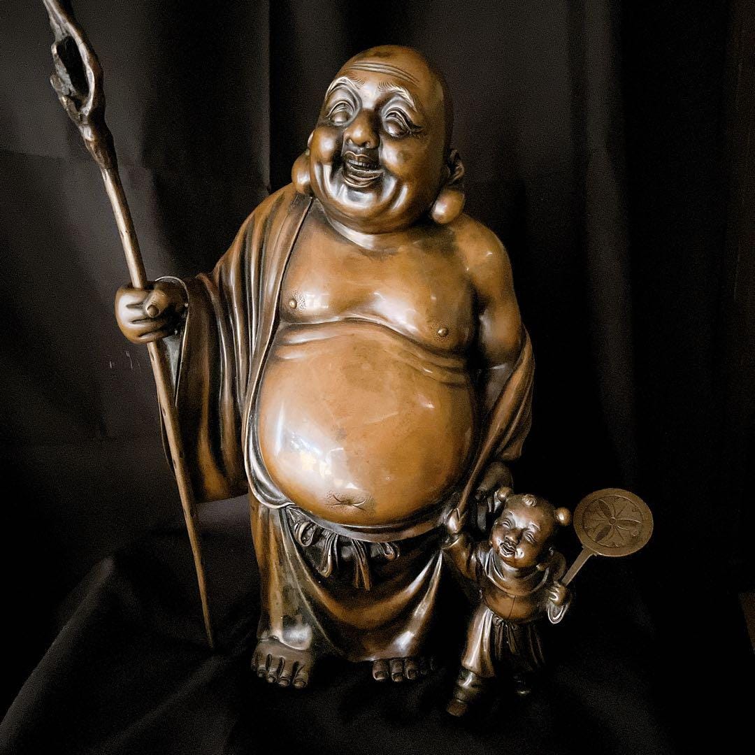 Hotei Statue by Shunsou, Bronze Seven Lucky Gods Sculpture, 14kg Vintage Figurine, Removable ...