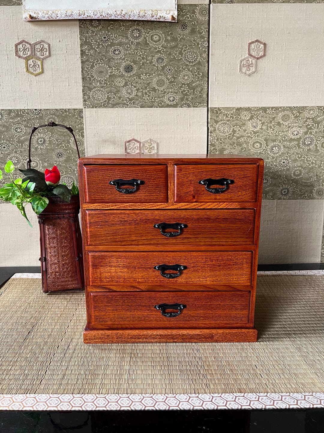 Vintage Japanese 5-drawer Mini Tansu Chest - Showa Era Wooden Cabinet ...
