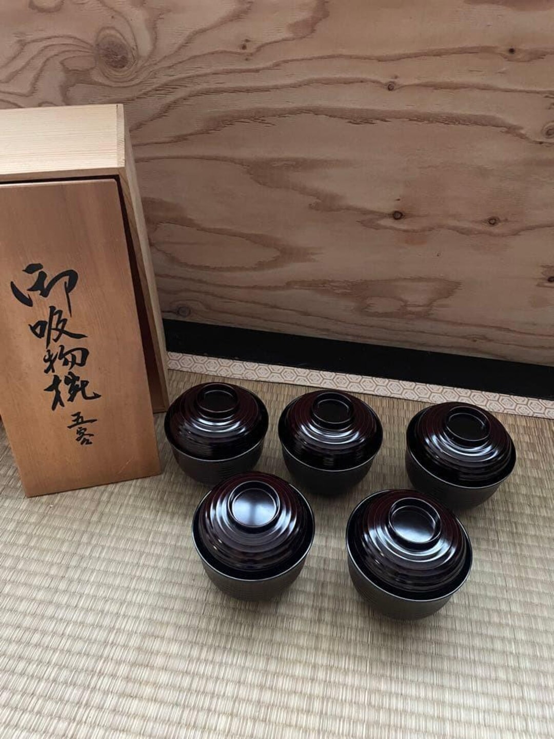Wajima Nuri Lacquer Soup Bowls Set of 5 Unused Japanese Small Lidded ...