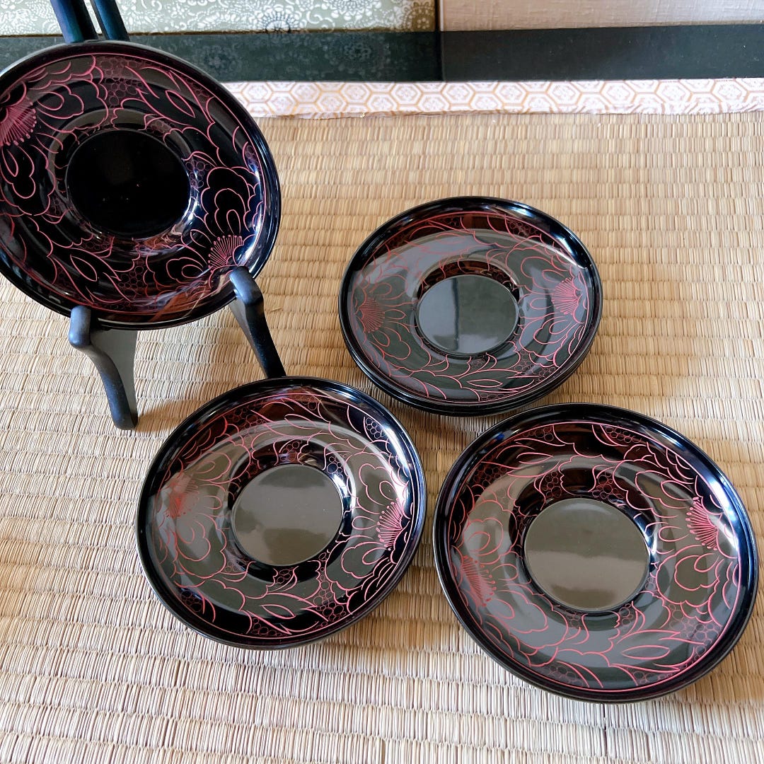 Set of 5 Echizen Lacquerware Tea Cup Saucers – Black Urushi Wood Teacup ...