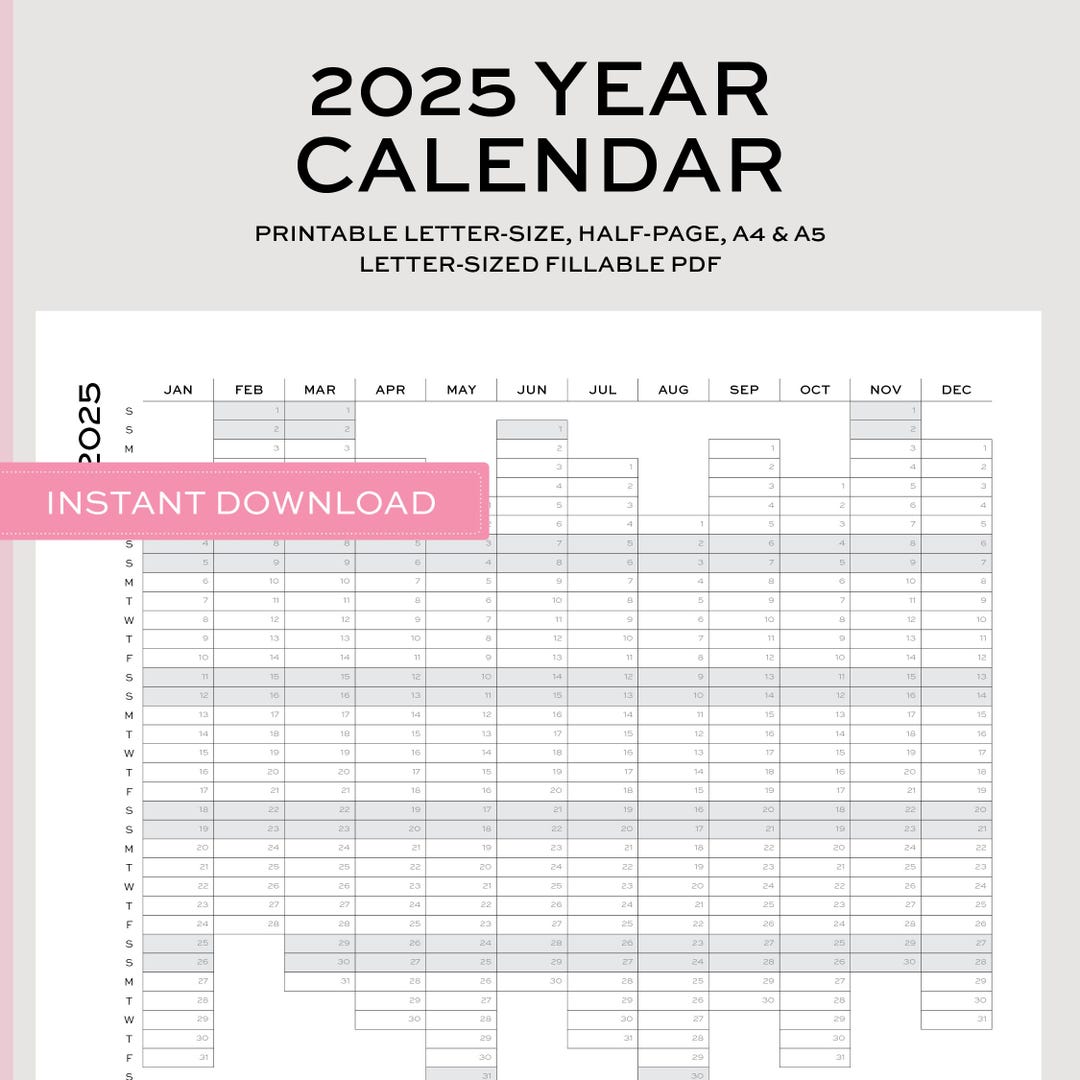 2025 Printable Yearly Calendar, Onepage 2025 Calendar, Monthly Planner, Goal Setting, Digital ...