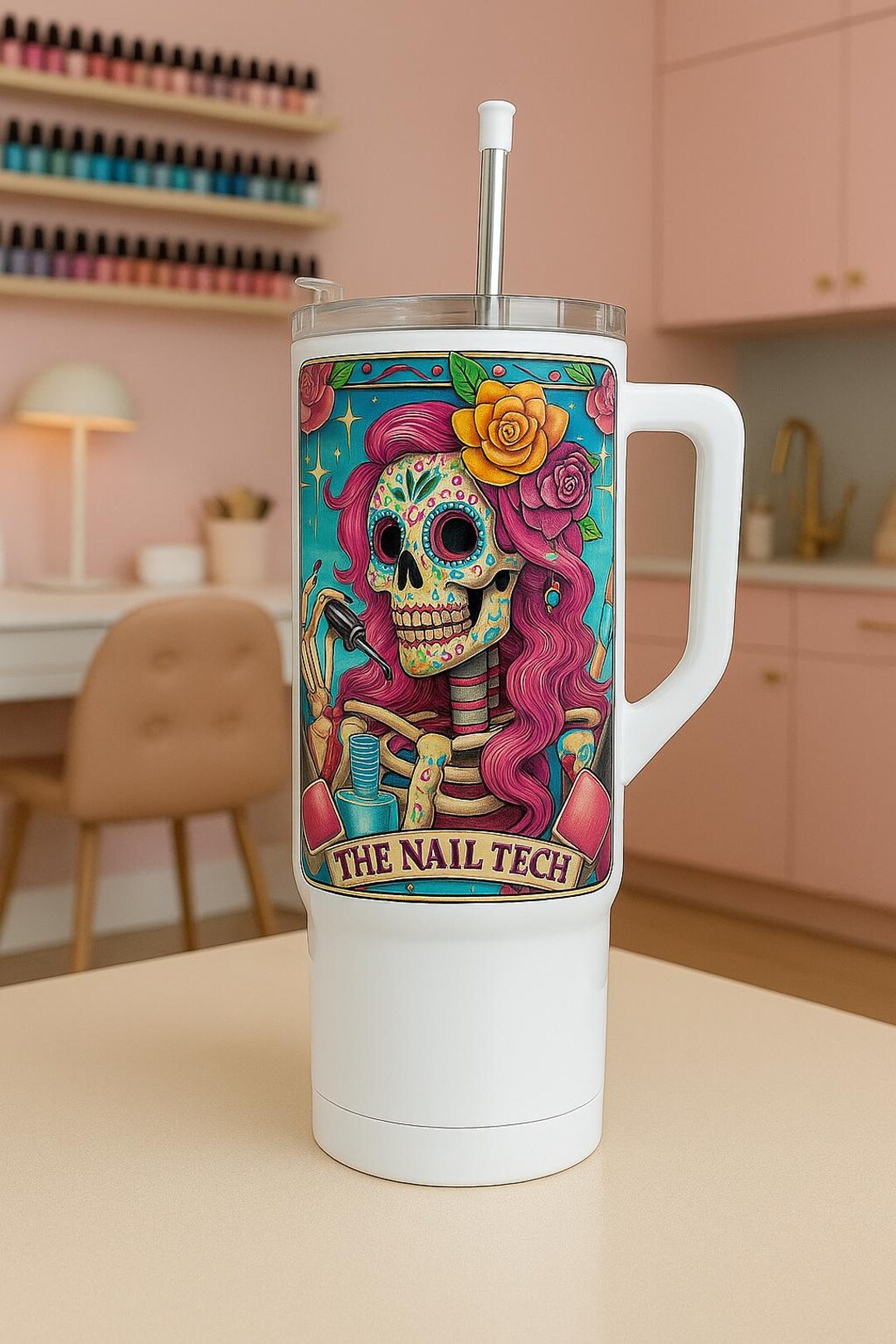 The Nail Tech Mug & Tumbler – Sugar Skull Nail Artist Gift – 15oz ...