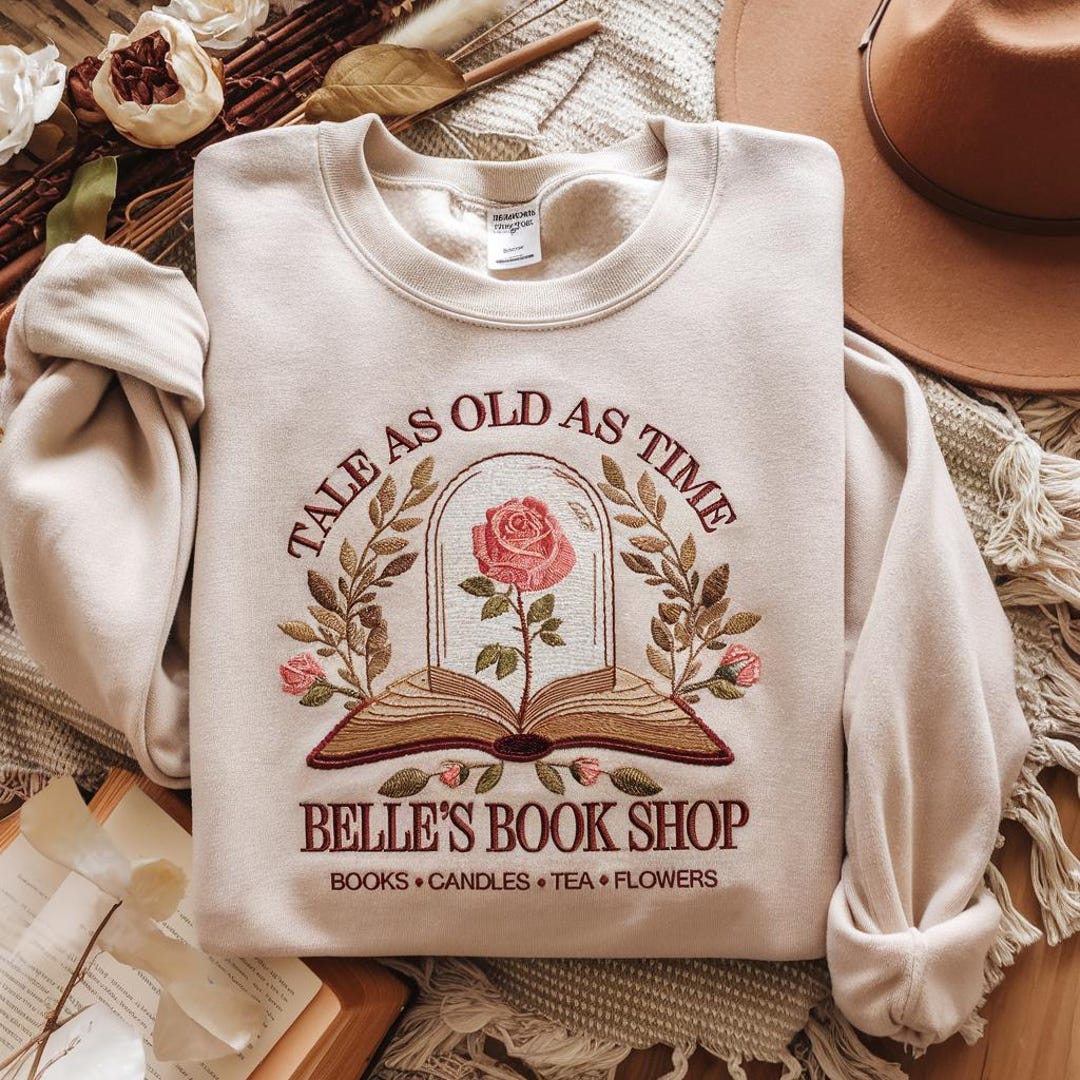 Vintage Retro Belle's Book Shop Embroidered Sweatshirt, Princess Belle ...