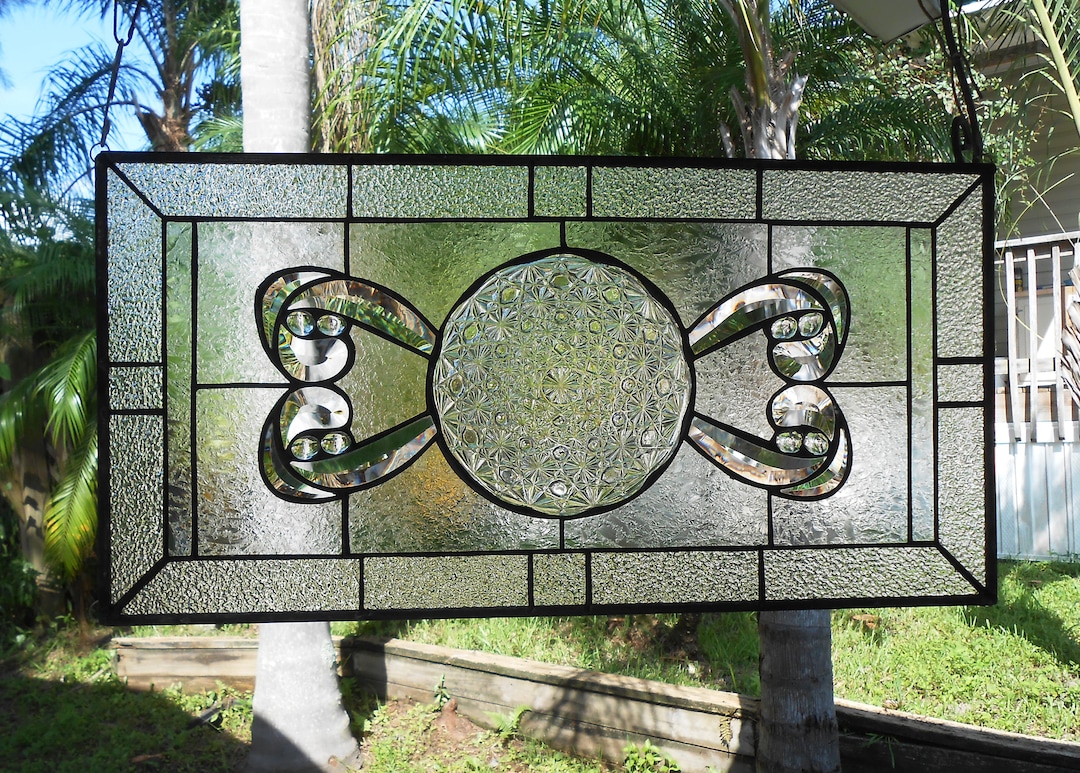 Large Stained Glass Panel, Depression Glass Window Hanging With Daisy ...
