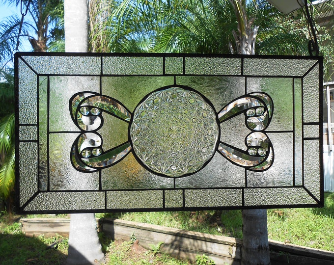 Large Stained Glass Panel, Depression Glass Window Hanging With Daisy ...