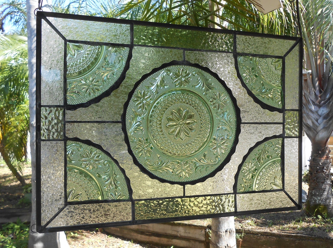 Stained Glass Window Panel, Vintage Sandwich Glass Plates, Stained ...
