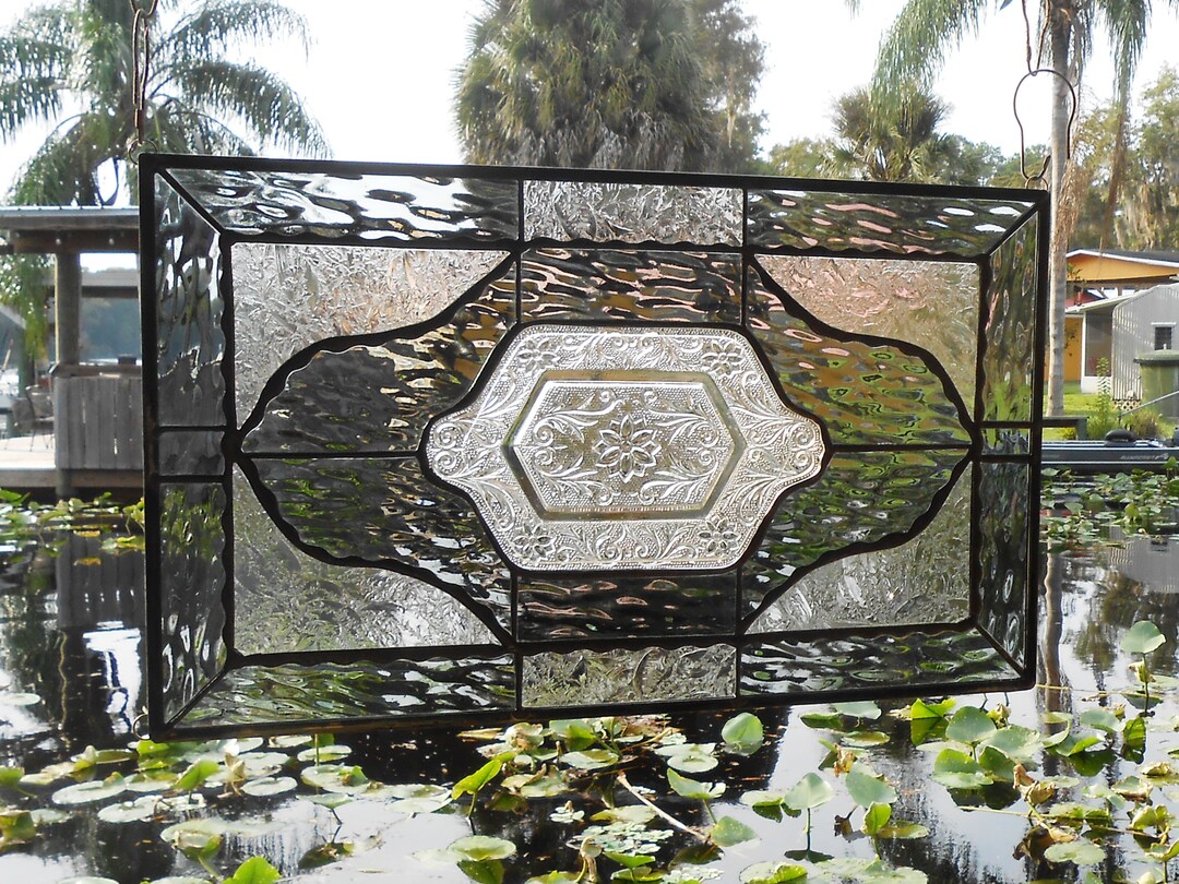 Vintage Stained Glass Panel, Crystal Sandwich Glass Window Hanging ...