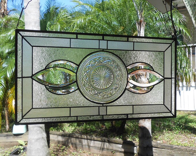 Large Stained Glass Window Valance, Recycled Depression Glass, Vintage ...