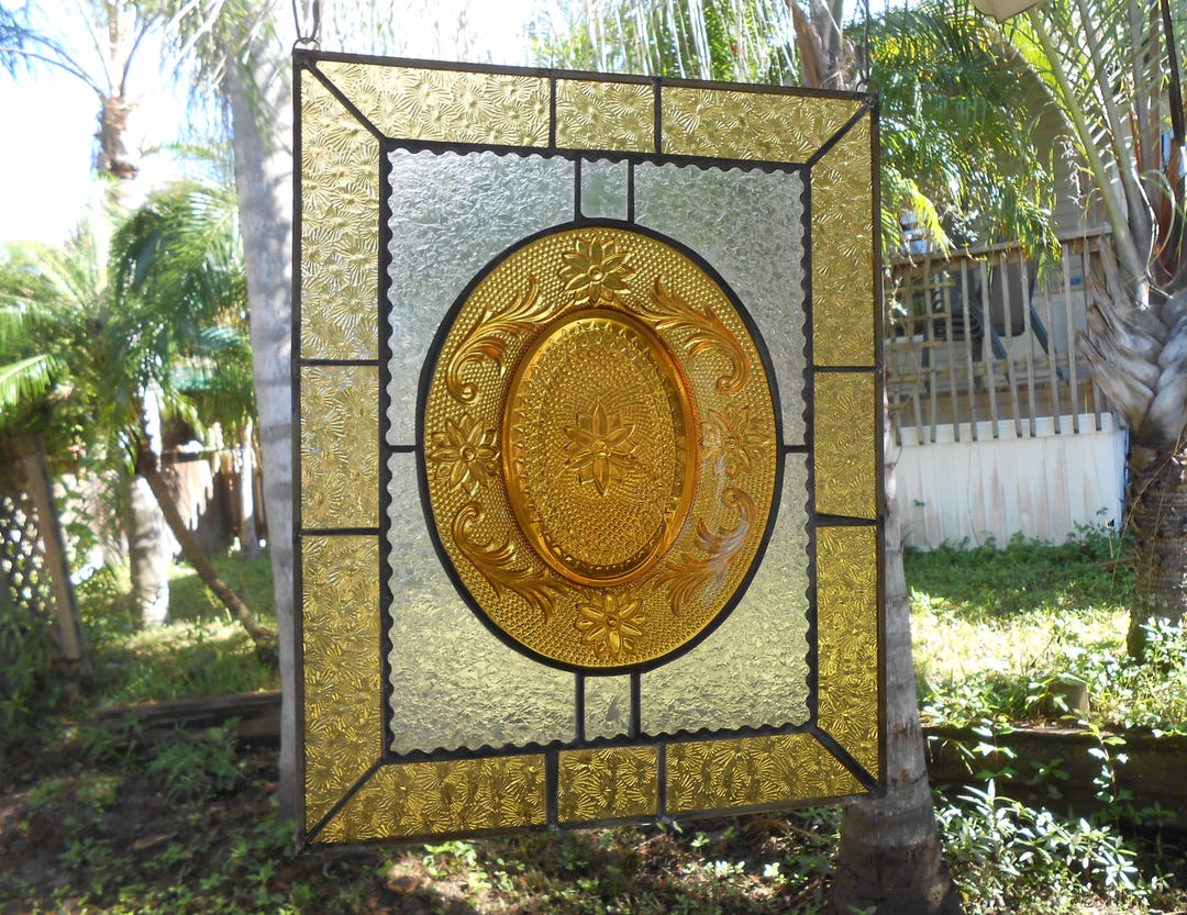 Tiara Sandwich Glass Stained Glass Plate Panel, Vintage Stained Glass ...