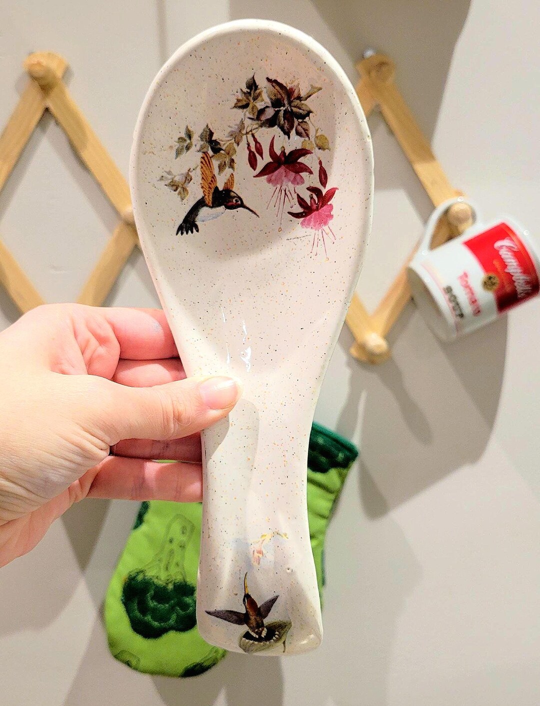 Vintage Ceramic Hummingbird Spoon Rest, Speckled Pottery Floral ...